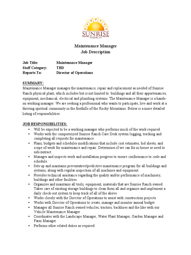 Maintenance Manager Job Description | PDF | Business