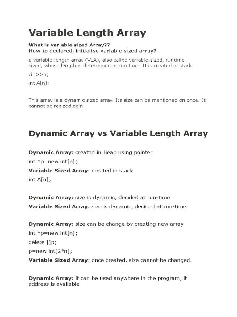 Dynamic Array Vs Variable Length Array | PDF | Array Data Structure | Integer (Computer Science)