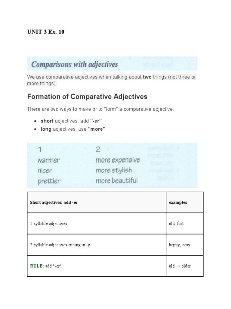 Formation of Comparative Adjectives: UNIT 3 Ex. 10 | PDF | Language ...