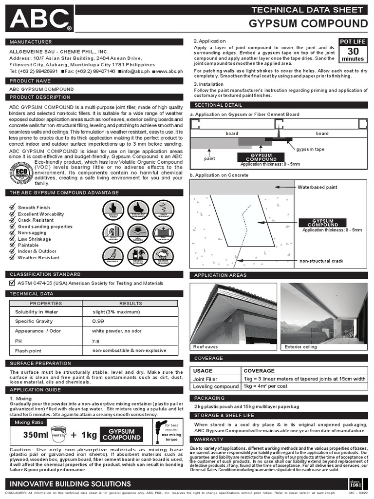 Abc Gypsum Compound Technical Data Sheet 2020 | PDF | Paint | Concrete