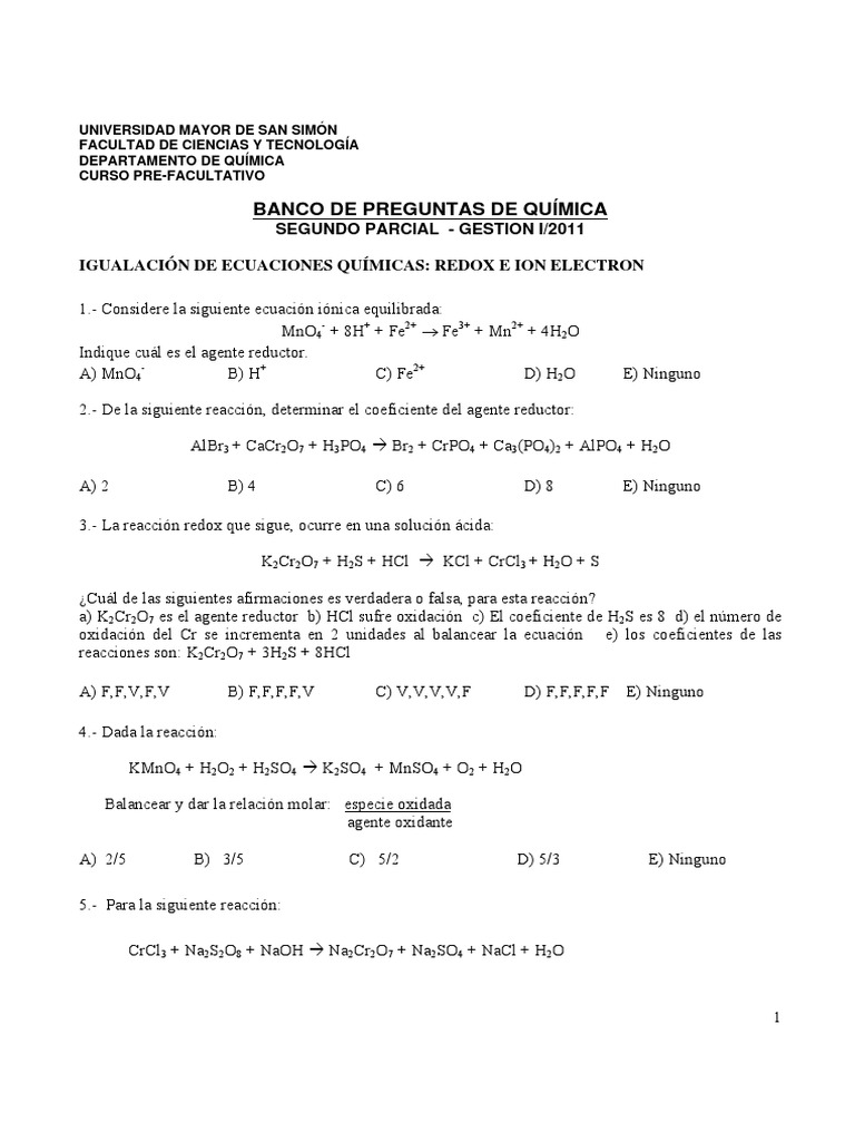 Banco de preguntas de química sobre reacciones redox, estequiometría, reactivo limitante y gases ...