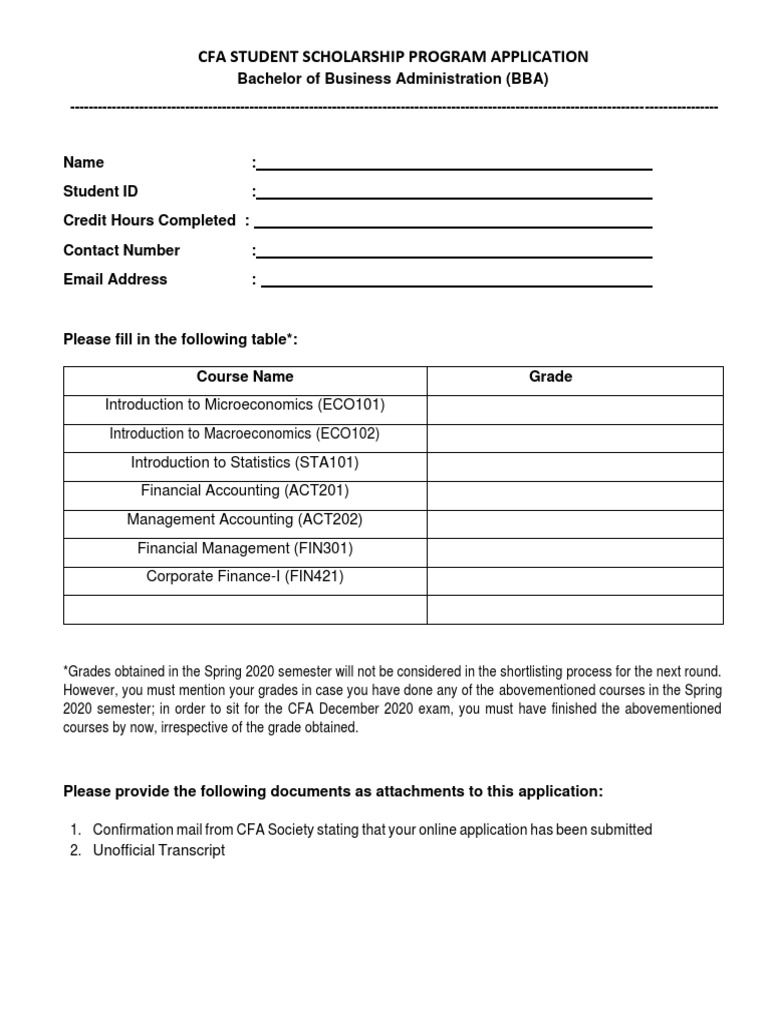 CFA Scholarship Application Form - BBA | PDF