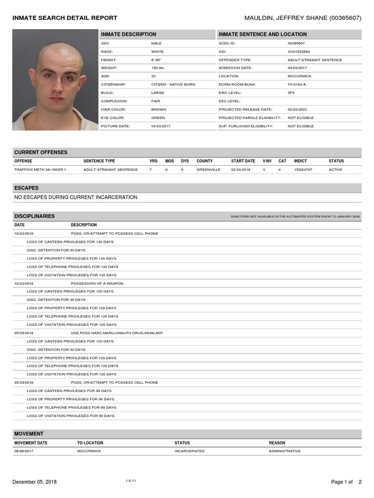 Inmate Search Detail Report: Inmate Description Inmate Sentence and ...