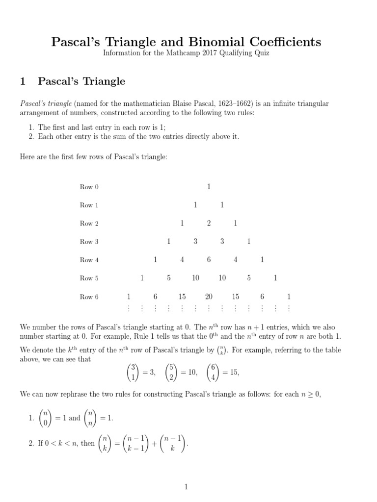Pascal's Triangle and Binomial Coefficients | PDF | Mathematical Proof ... Pascal's Triangle and Binomial Coefficients | PDF | Mathematical Proof ...