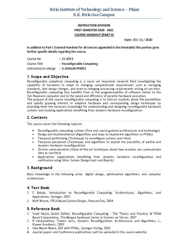 Reconfigurable Computing Course Handout | PDF | Field Programmable Gate ...