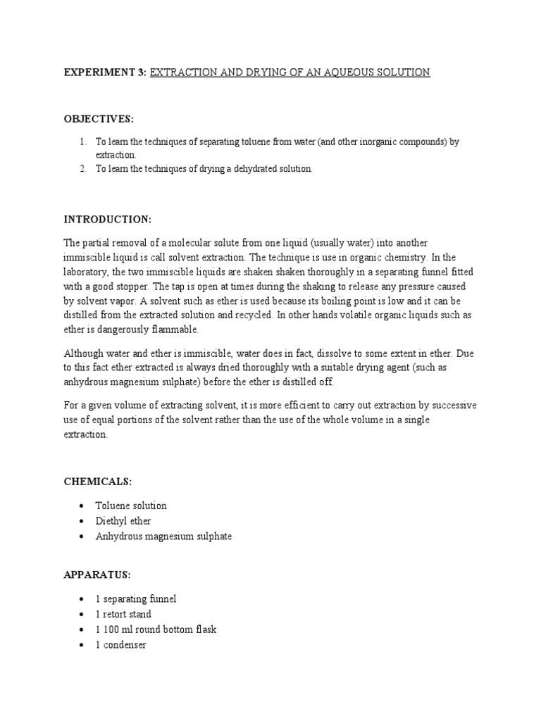 Experiment 3: Extraction and Drying of An Aqueous Solution | PDF ...