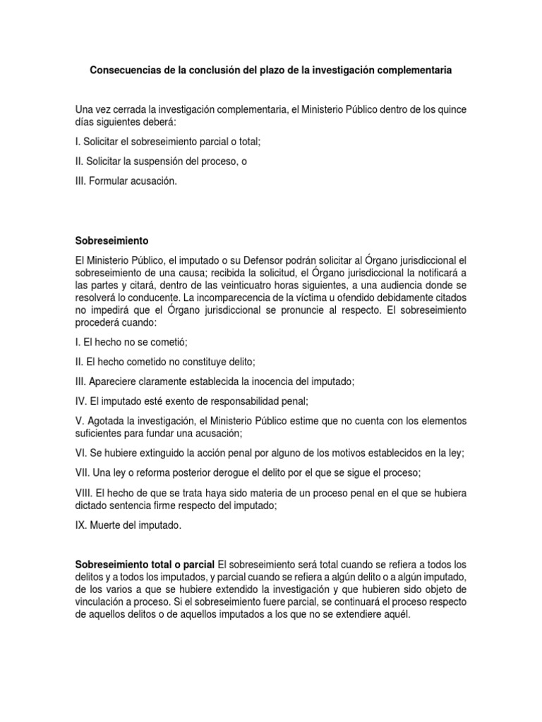 Consecuencias de La Conclusión Del Plazo de La Investigación Complementaria PDF | PDF