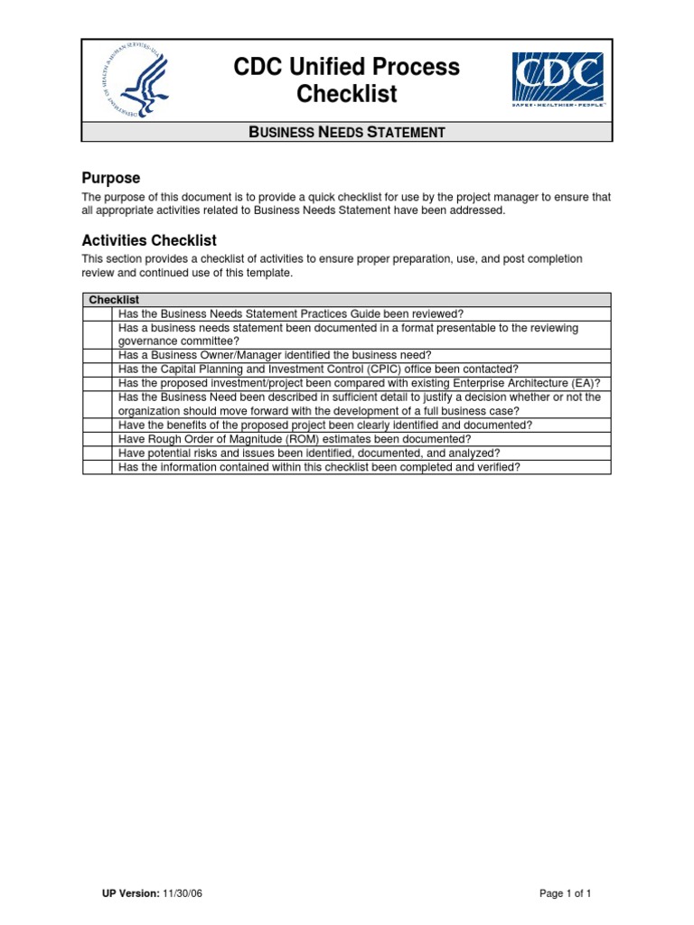 CDC Unified Process Checklist: Purpose | PDF | Business
