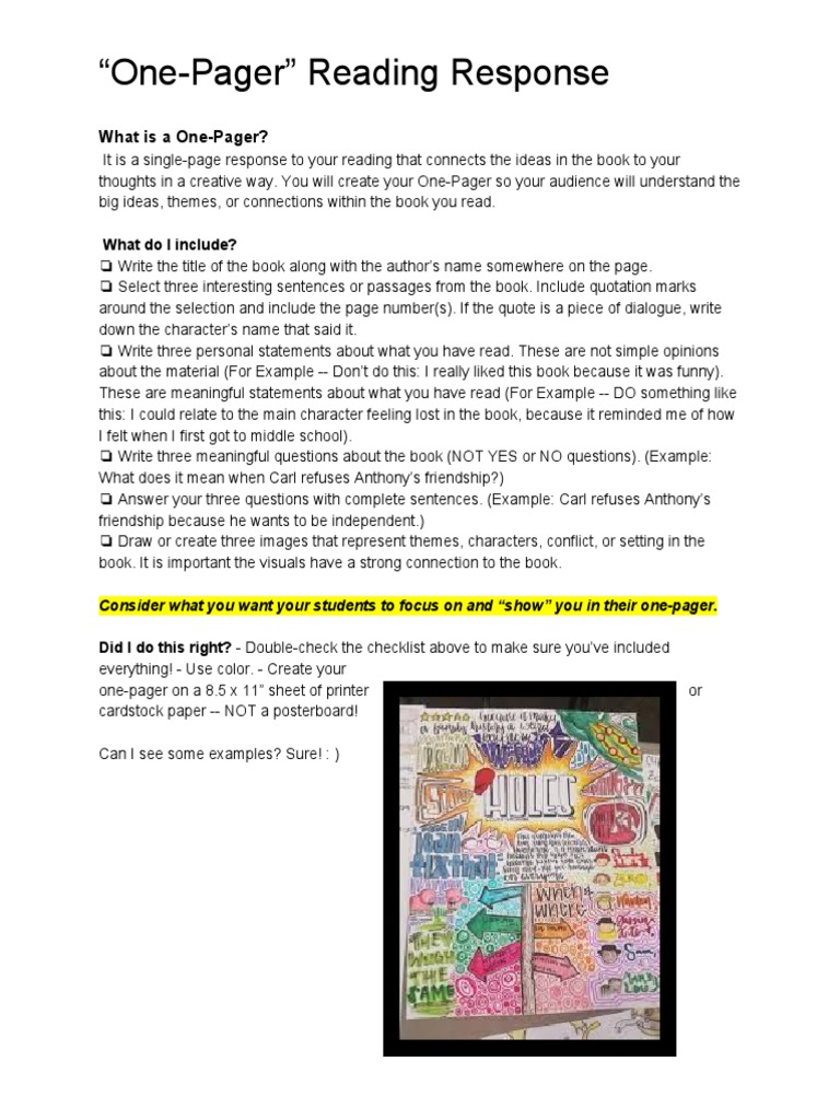 "One-Pager" Reading Response Directions PDF | PDF