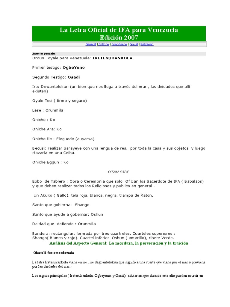 La Letra Oficial de IFA para Venezuela | PDF | Mitología | Santeria