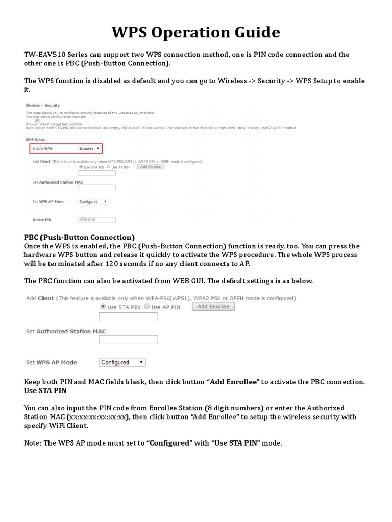 WPS Operation Guide: PBC (Push - Button Connection) | PDF ...