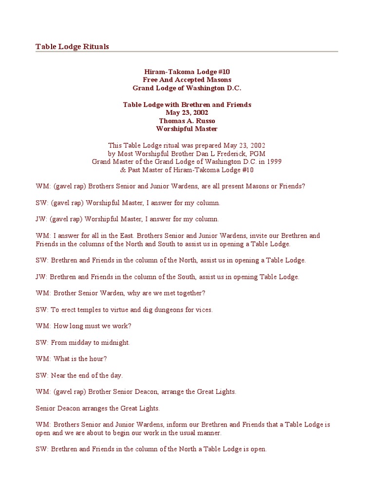 Table Lodge Rituals | PDF | Freemasonry | Masonic Lodge