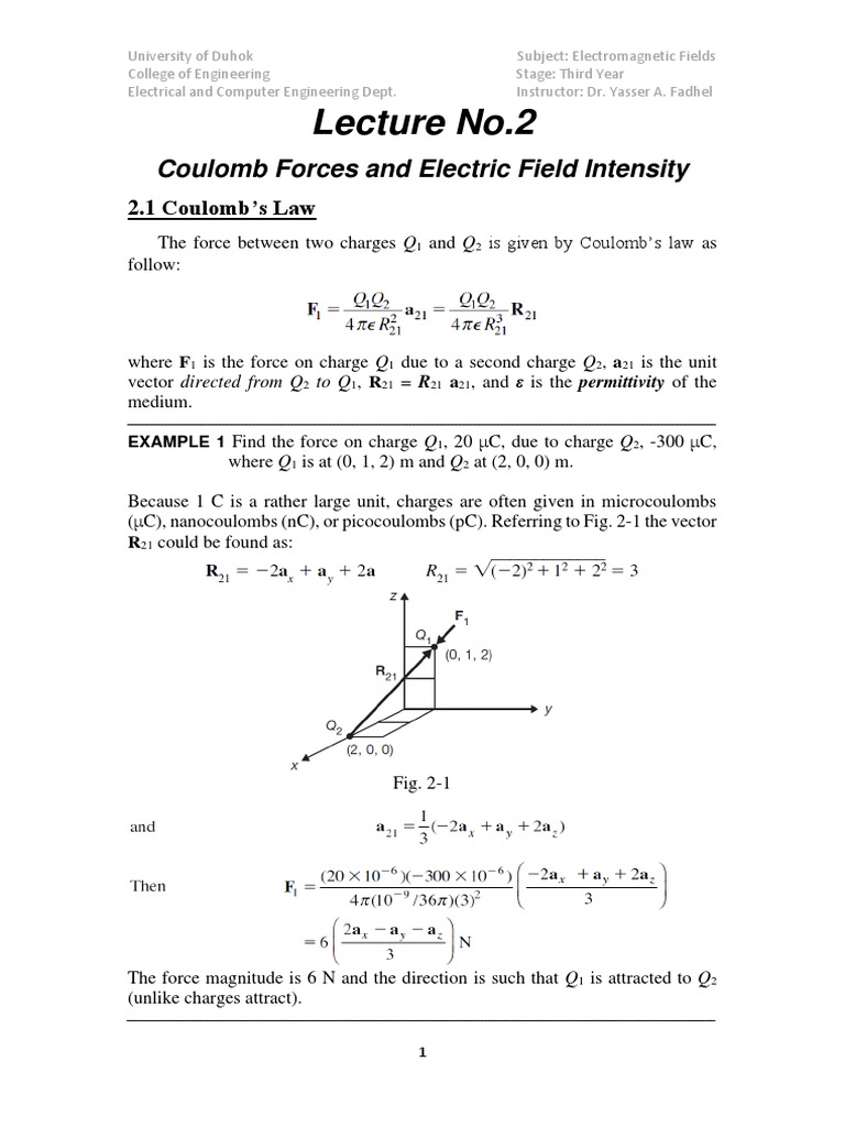 Lecture No.2: Coulomb Forces and Electric Field Intensity | PDF | Electric Field | Force