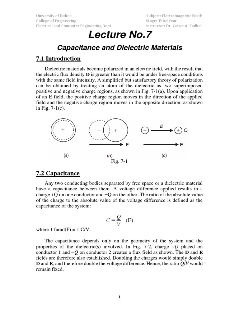 Lecture No.7: Capacitance and Dielectric Materials | PDF | Dielectric | Capacitor