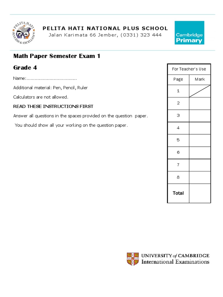Math Paper Semester Exam 1 Grade 4: Pelita Hati National Plus School ...