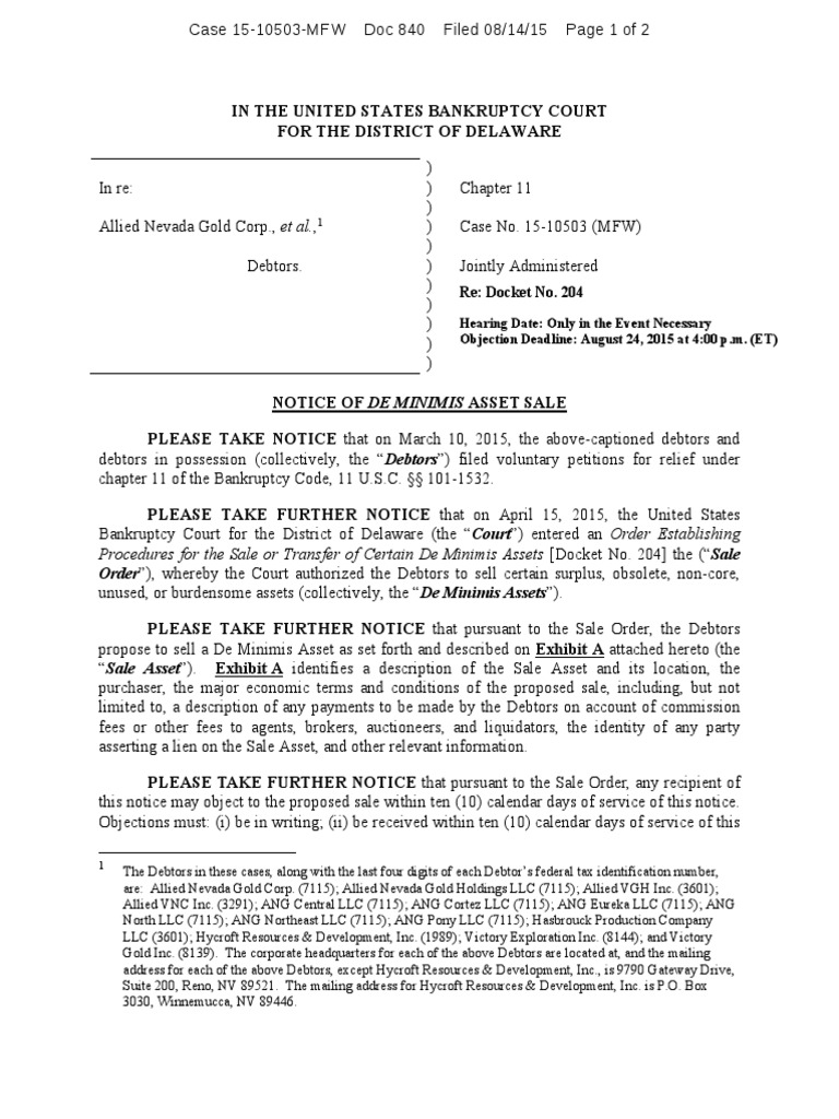 Notice of Proposed Sale of Surplus Mining Equipment by Debtors Pursuant ...