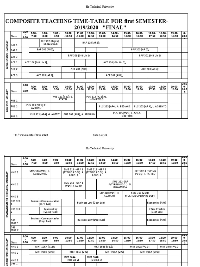 Composite Teaching Time-Table For First Semester-2019/2020 "FINAL" | PDF