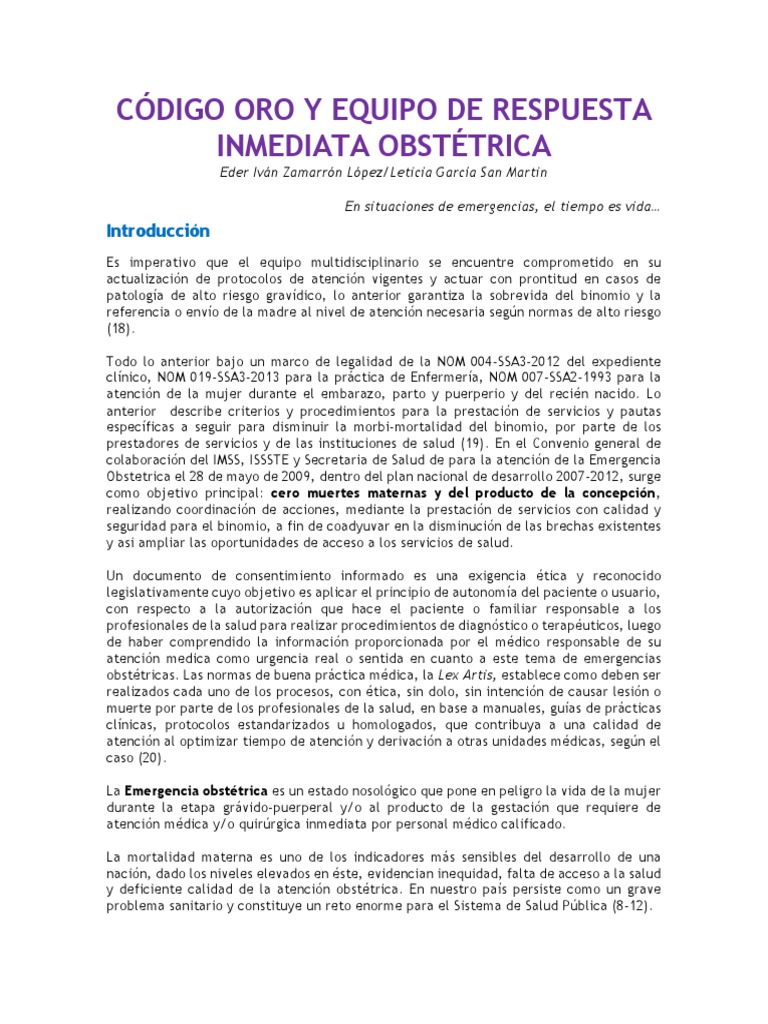Código Oro y Equipo de Respuesta Inmediata Obstétrica | PDF | Muerte ...