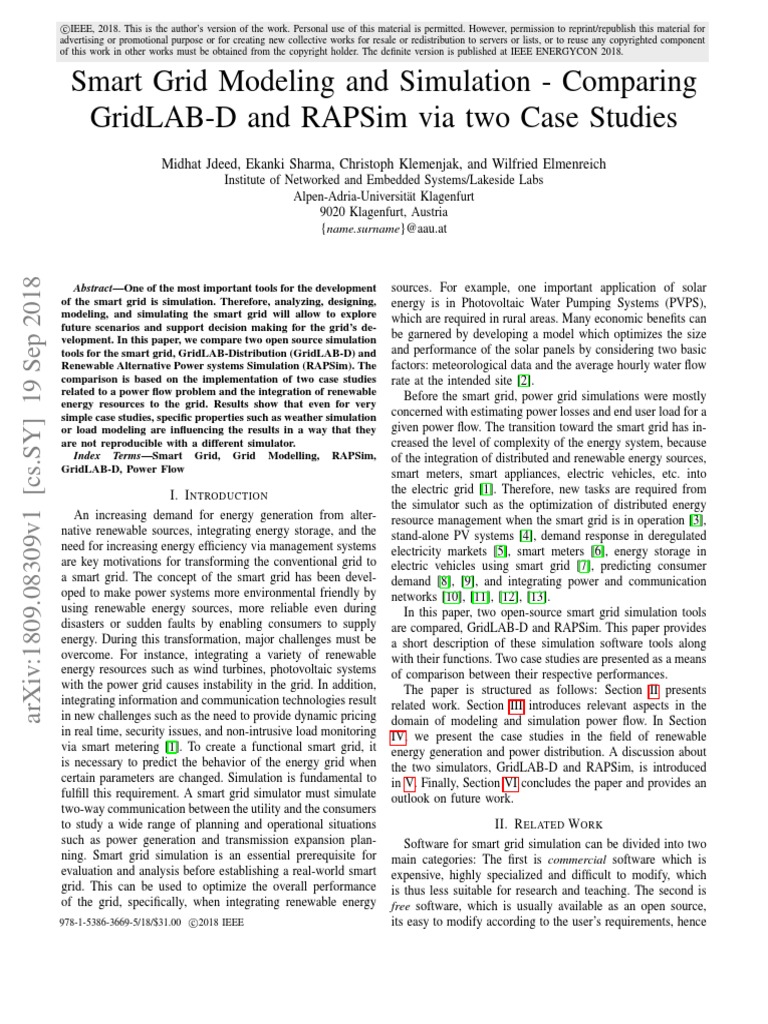 Smart Grid Modeling and Simulation - Comparing Gridlab-D and Rapsim Via Two Case Studies | PDF ...
