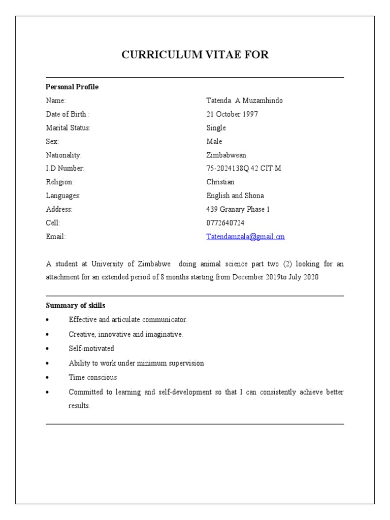 Curriculum Vitae For: Personal Profile | PDF | Zimbabwe | Agriculture