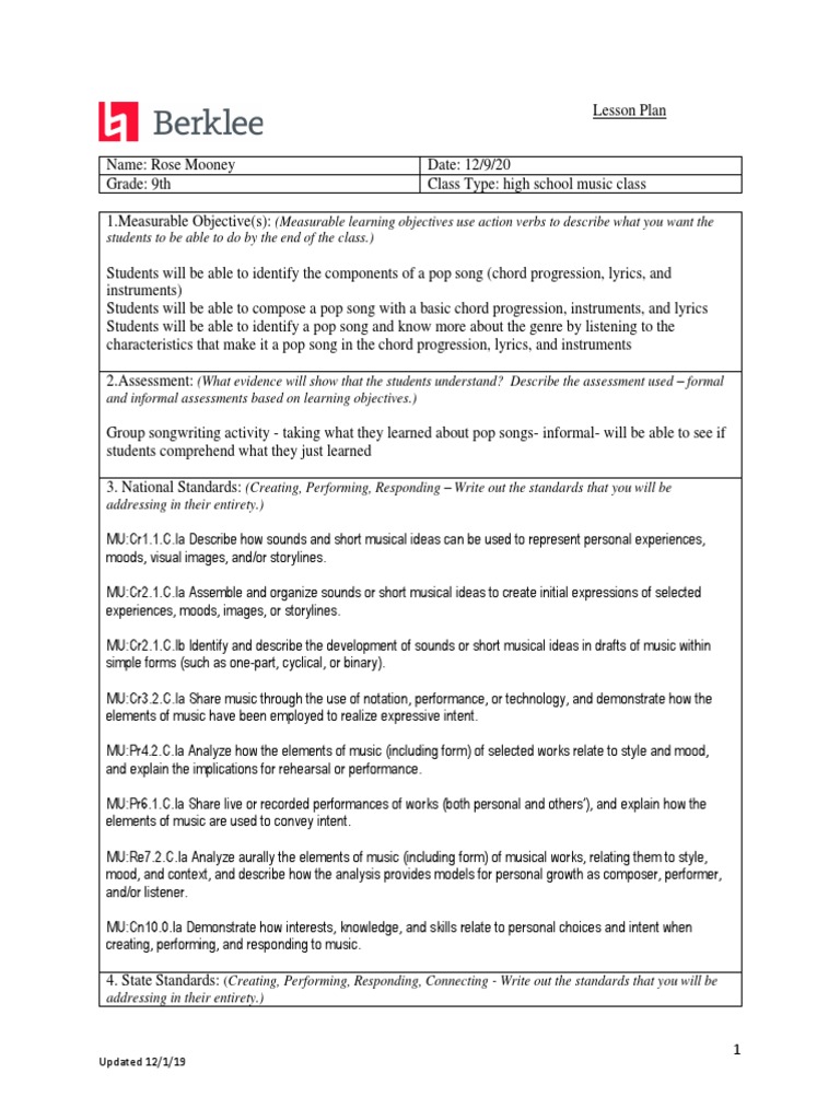 Pop Songwriting Lesson Plan | Download Free PDF | Song Structure | Behavior Modification