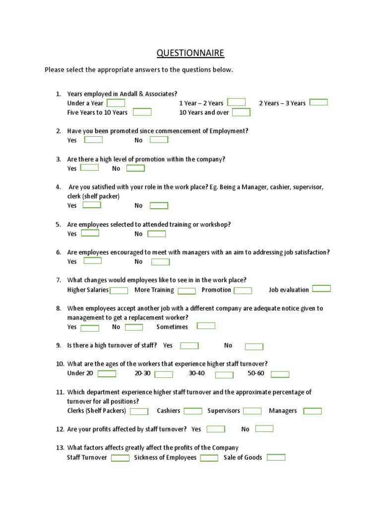 Questionnaire: Please Select The Appropriate Answers To The Questions ...