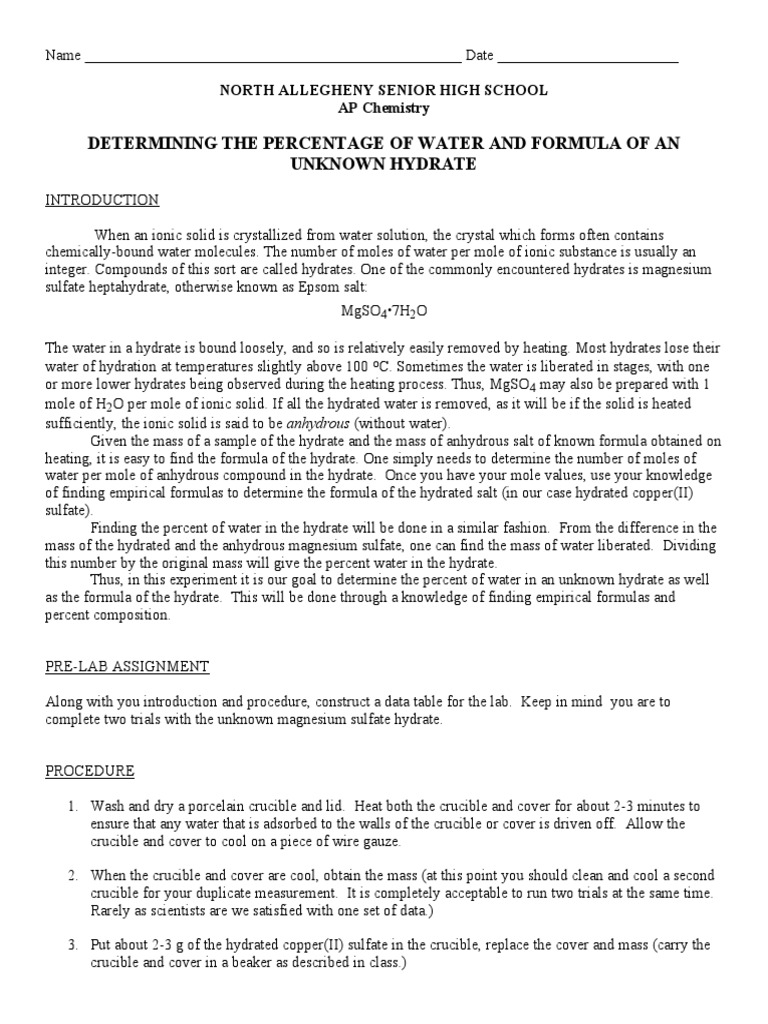 Determining The Percentage of Water and Formula of An Unknown Hydrate ...