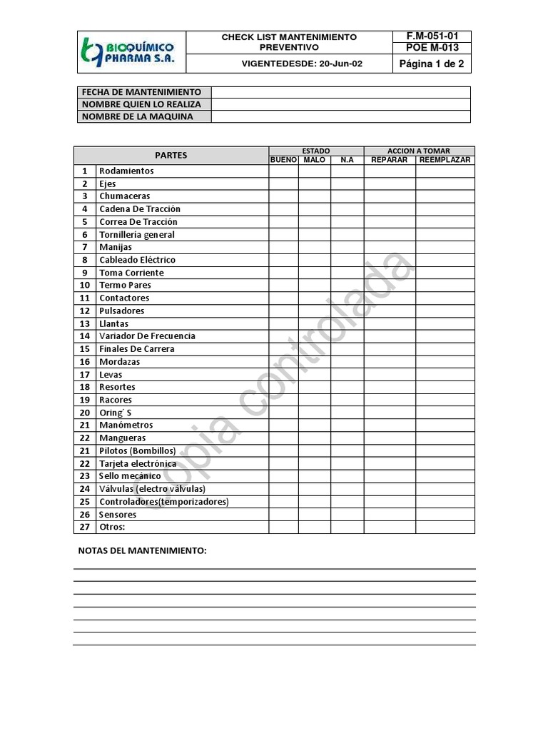 FM05101 Check List Mantenimiento Preventivo CC | PDF