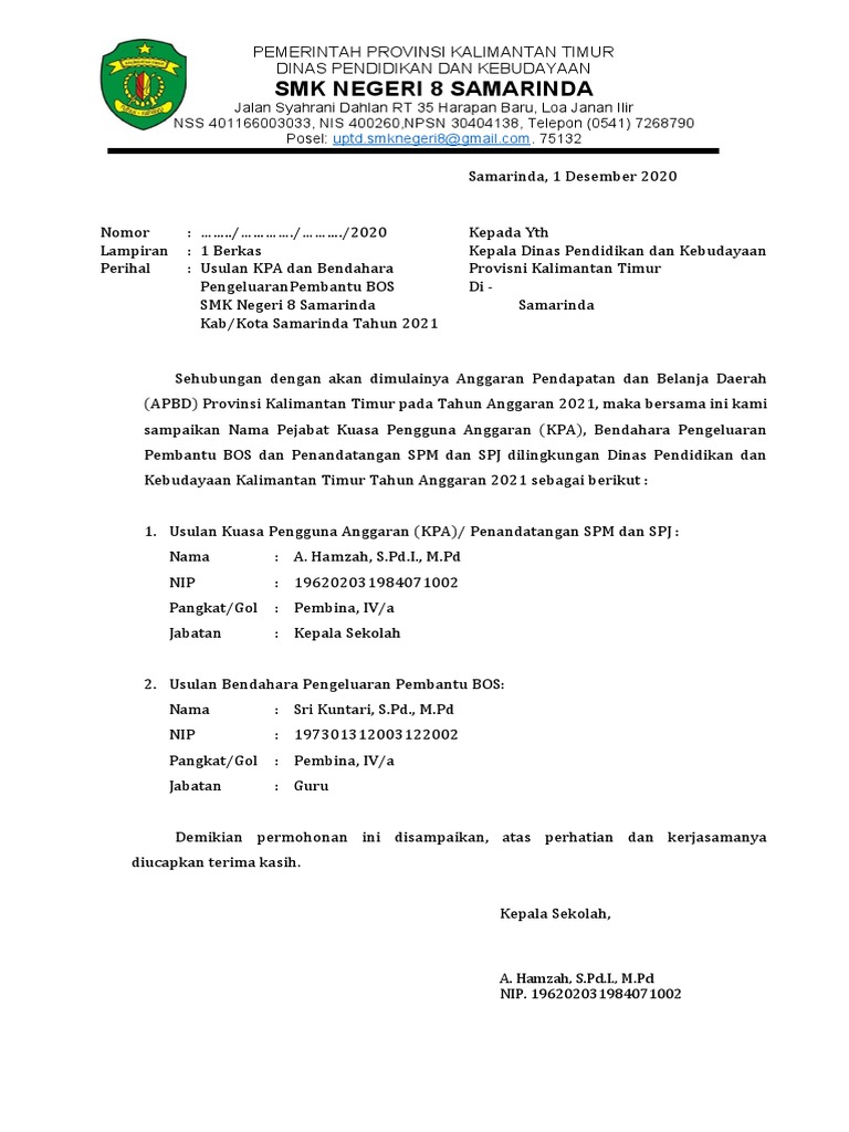 Usulan KPA dan Bendahara SMK Negeri 8 Samarinda | PDF