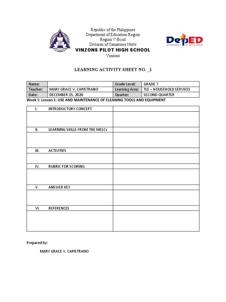 Vinzons Pilot High School: Learning Activity Sheet No. - 1 | PDF