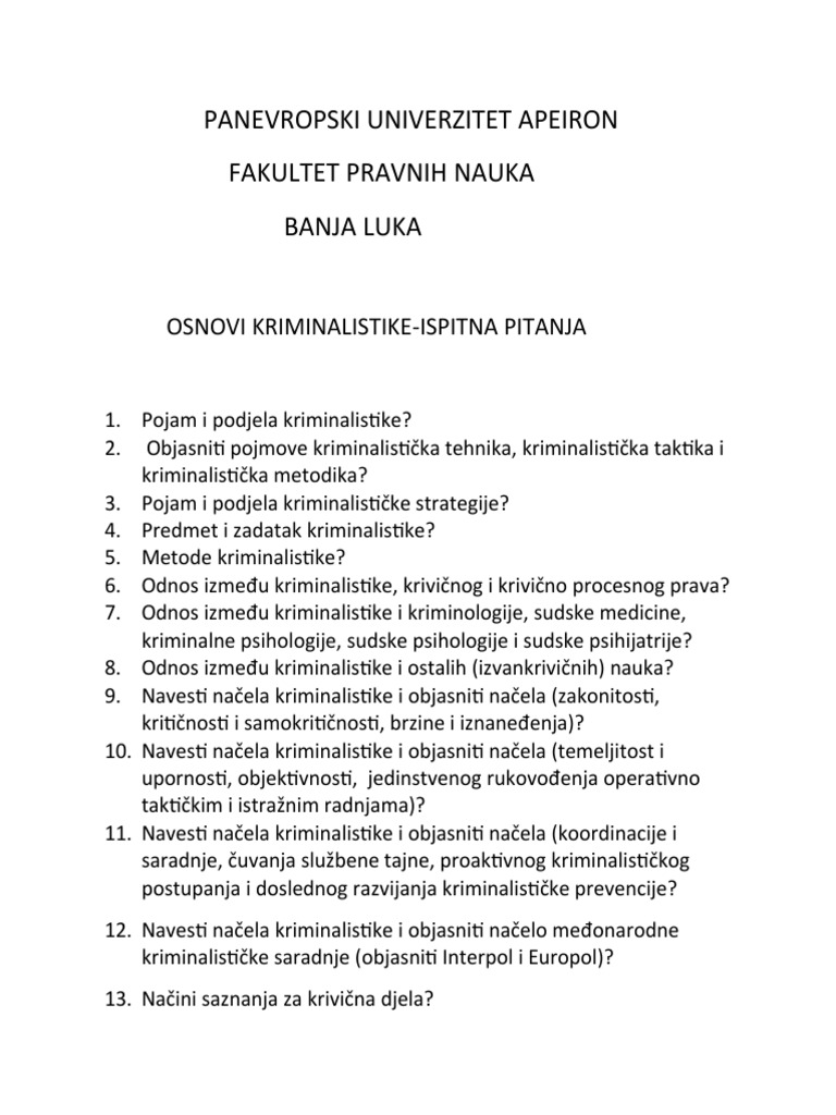 Osnovi Kriminalistike Ispitna Pitanja | PDF