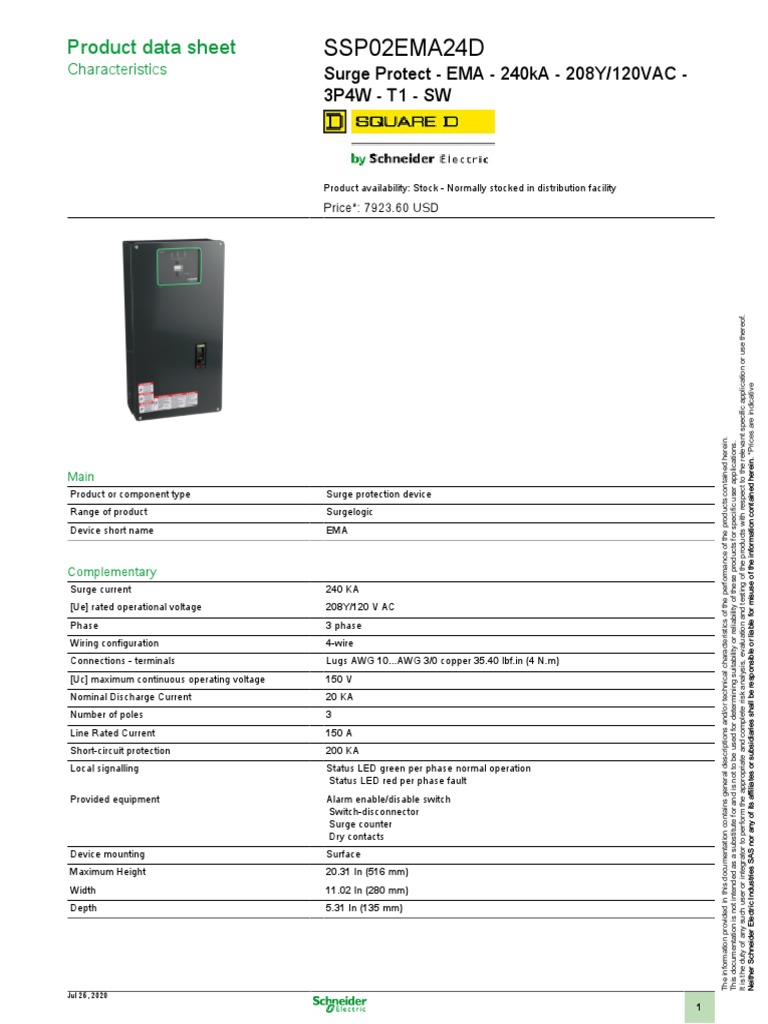 Product Data Sheet for Surge Protect EMA 240kA 208Y/120VAC 3P4W T1 SW Surge Protection Device ...