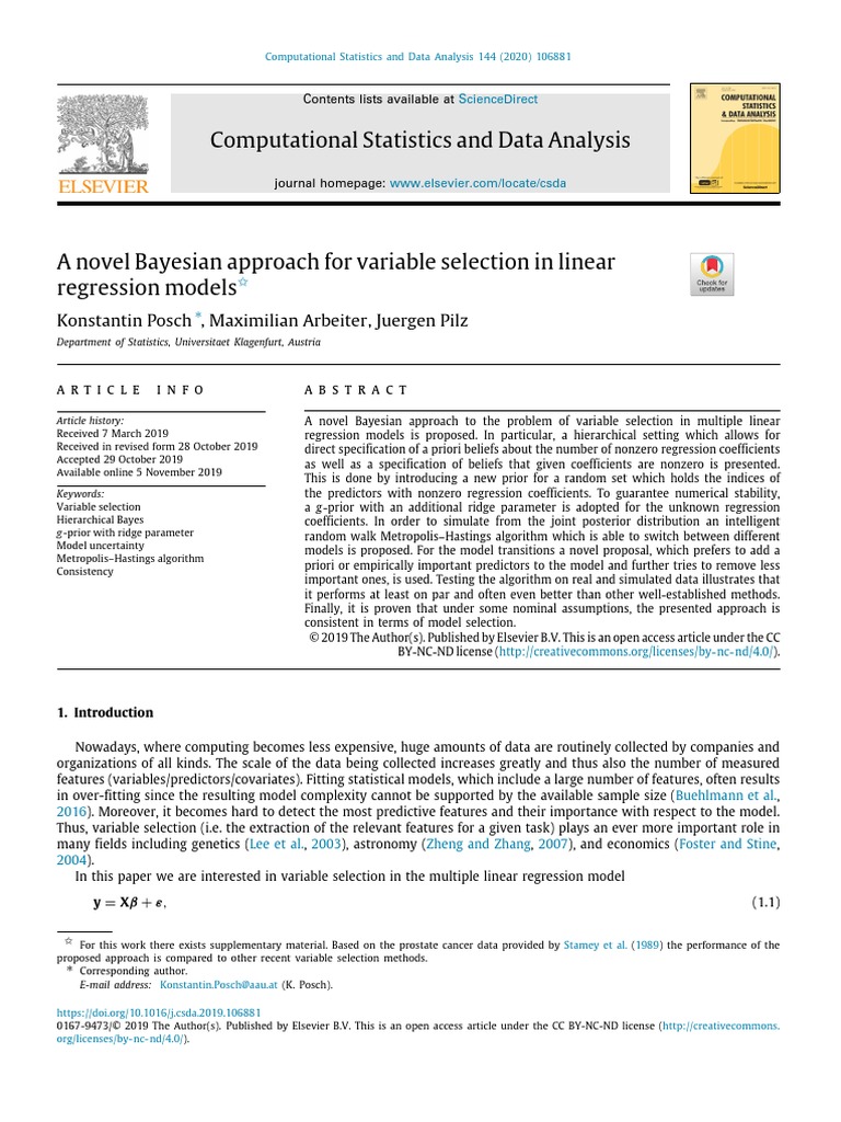 A Novel Bayesian Approach For Variable Selection in Linear Regression Models | PDF | Linear ...