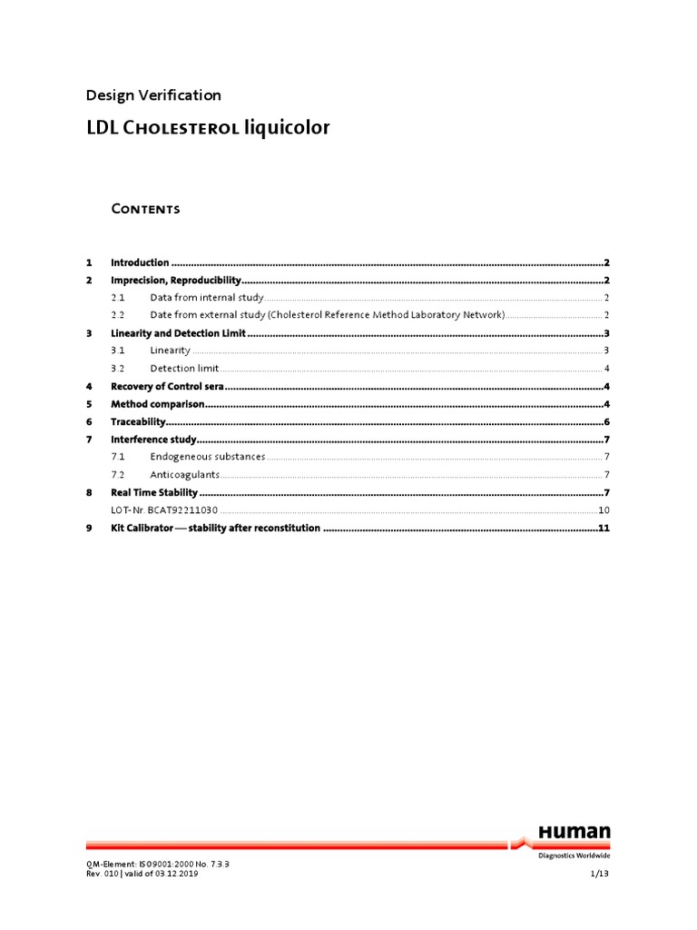 LDL Cholesterol Liquicolor: Design Verification | PDF | Cholesterol ...