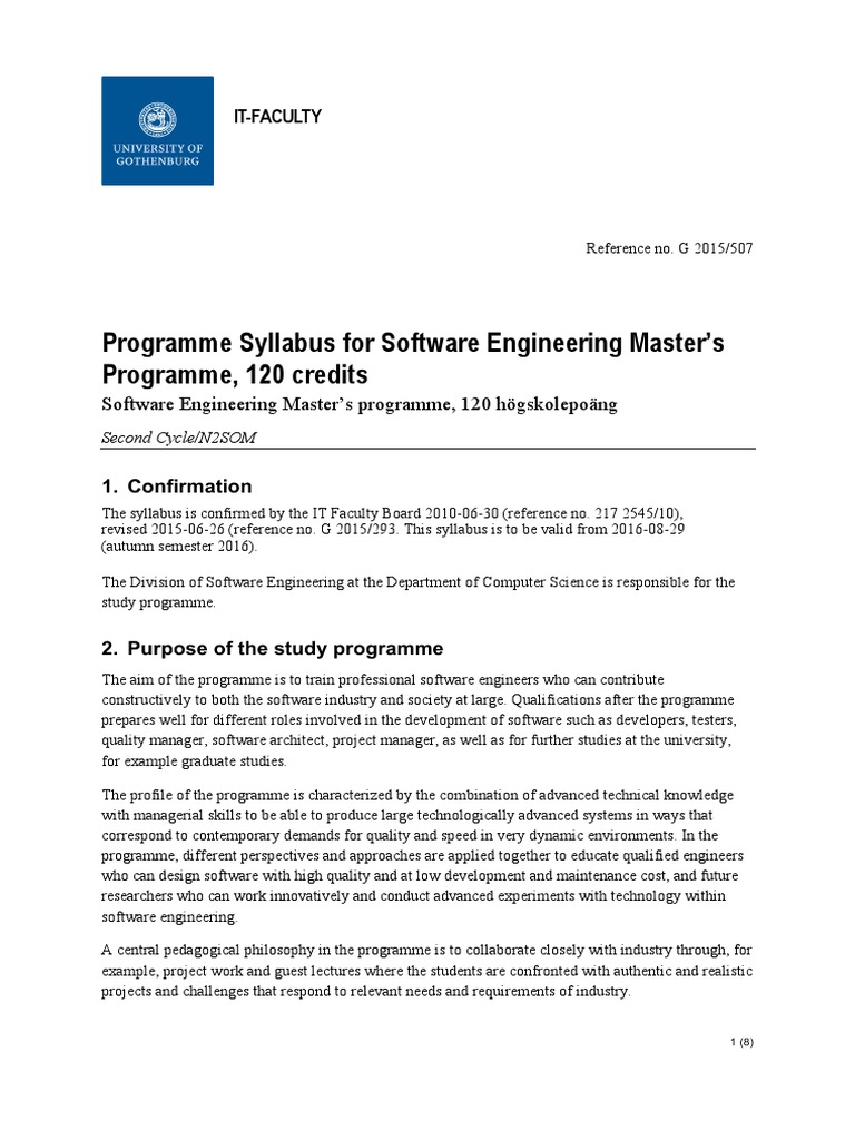 Programme Syllabus For Software Engineering Master's Programme, 120 ...