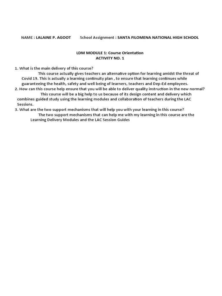 Module 1answers Activity 1 and 2 - Lalaine Agoot | PDF | Career & Growth