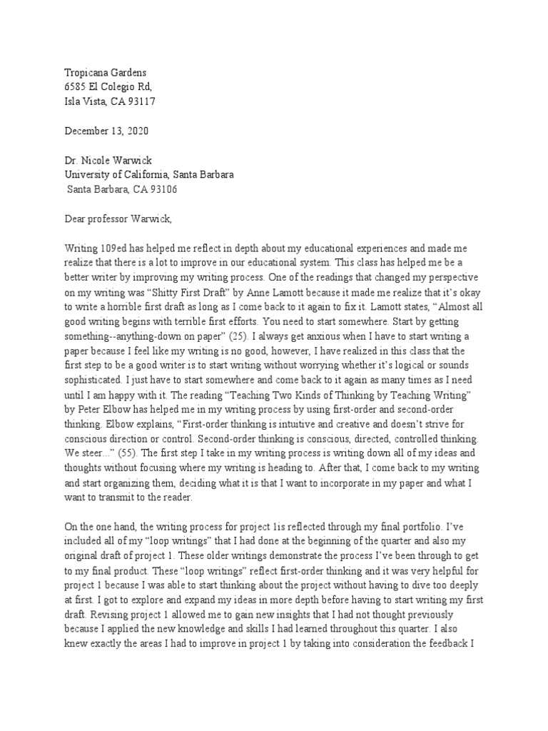 Writ 109ed Reflective Cover Letter | PDF | Teaching | Epistemology