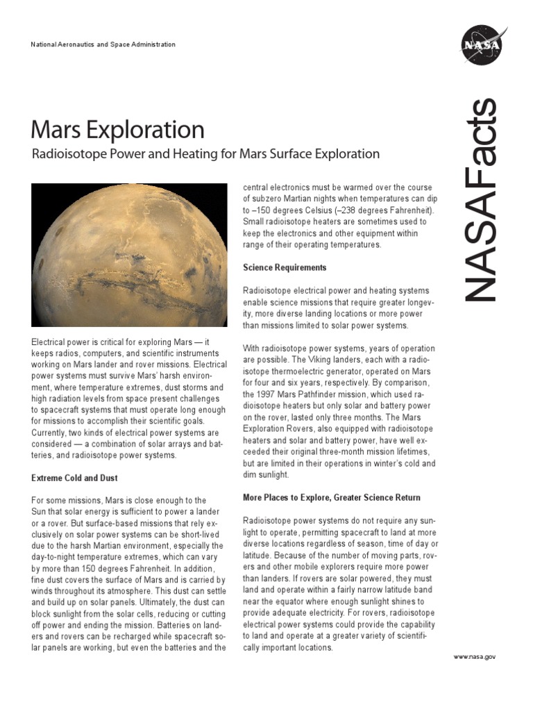 NASA Facts Mars Exploration Radioisotope Power and Heating For Mars ...