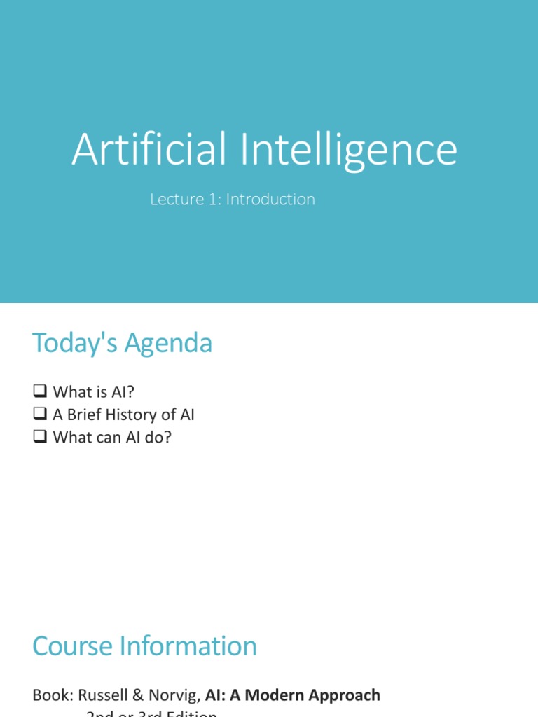 Artificial Intelligence: Lecture 1: Introduction | PDF | Computer Vision | Artificial Intelligence