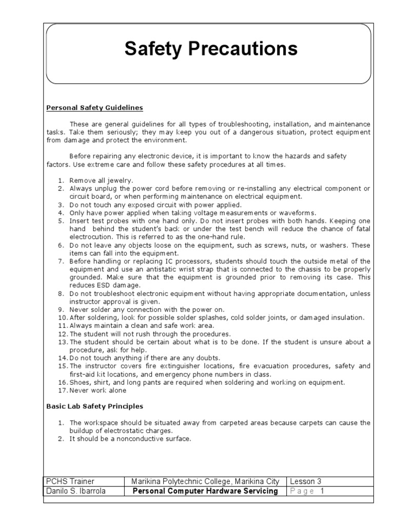 Lesson 3 Safety Precautions | PDF | Electrostatic Discharge ...