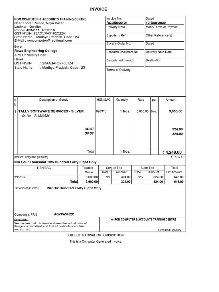 Invoice for Tally Software Services | PDF | Invoice | Taxes