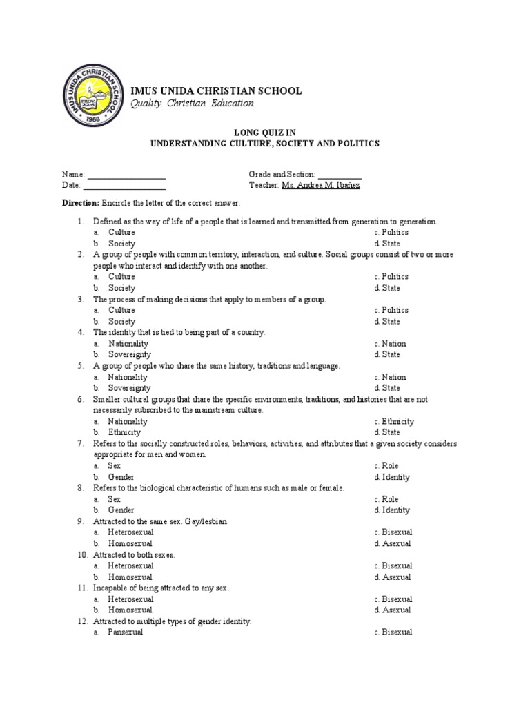 Long Quiz Ucsp | PDF | Anthropology | Bisexuality