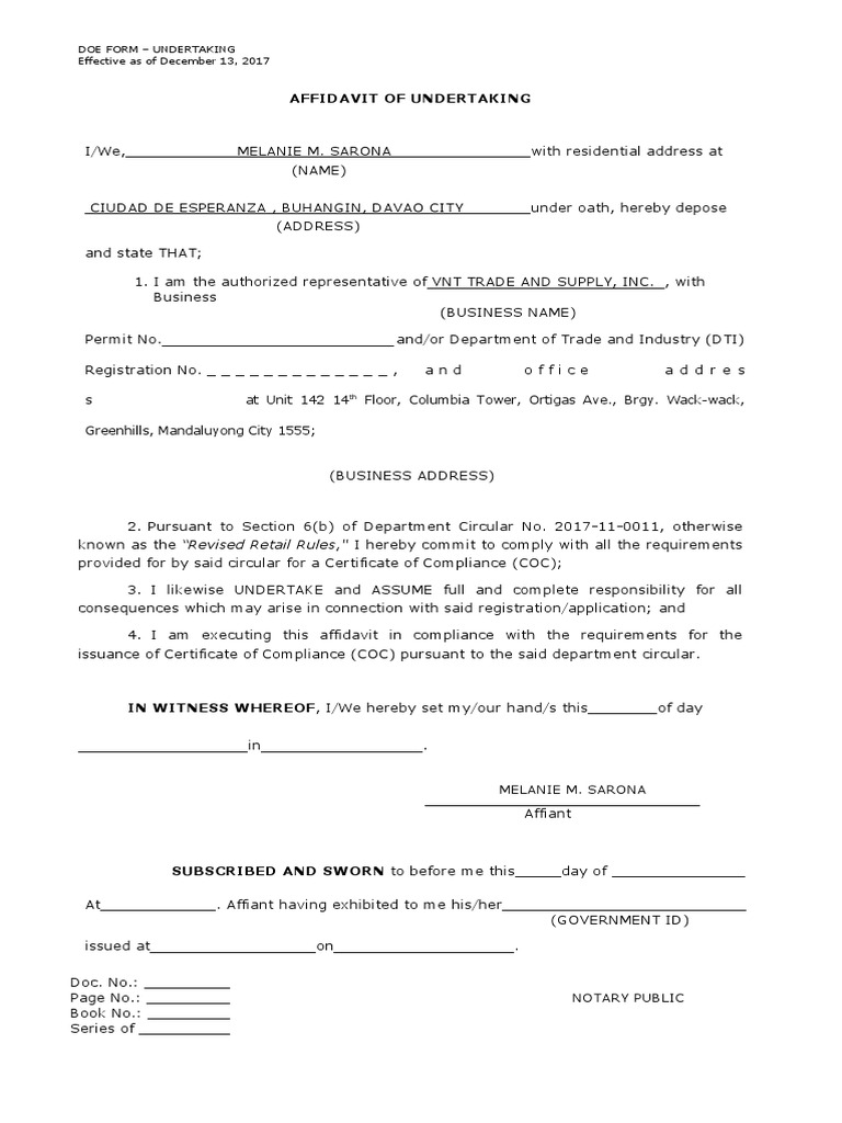 AFFIDAVIT OF UNDERTAKING For DOE | PDF