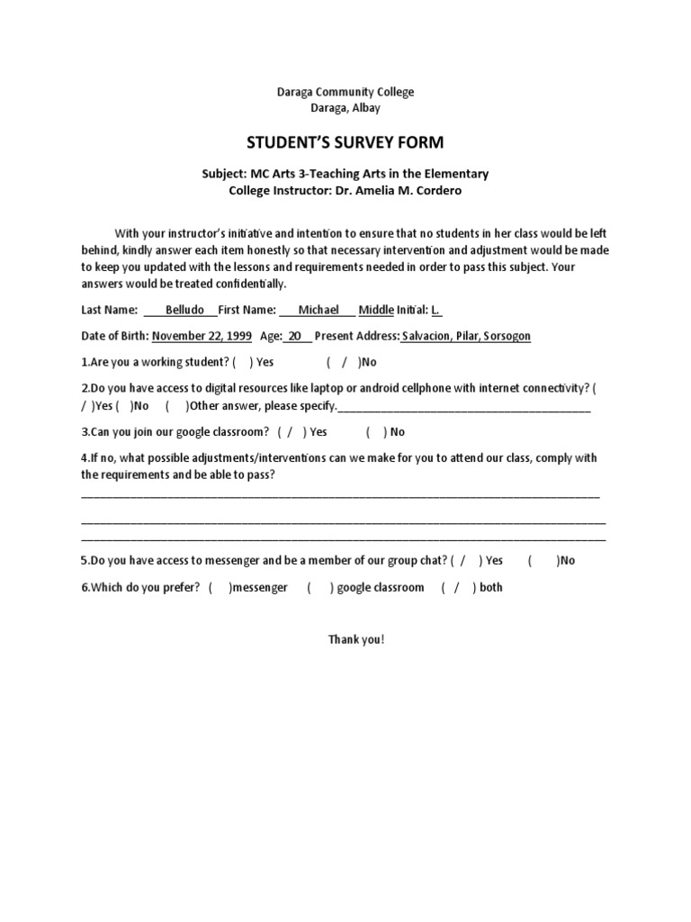 Student'S Survey Form: Subject: MC Arts 3-Teaching Arts in The ...