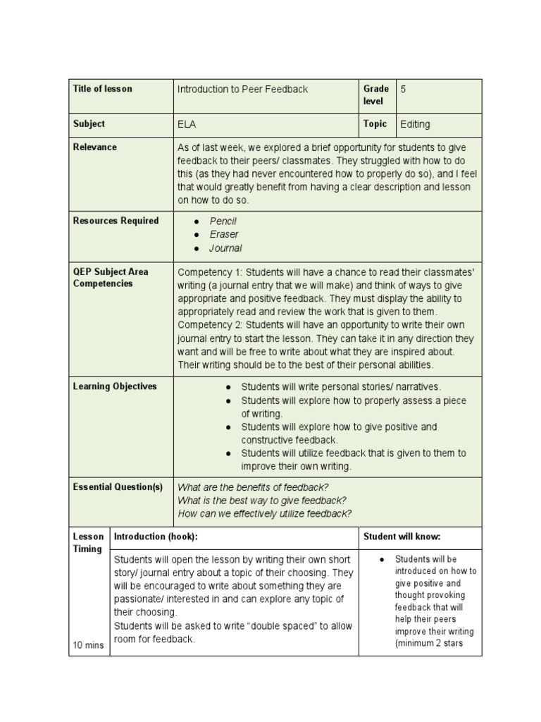 Grade 5 ELA Peer Feedback Lesson | PDF | Educational Assessment ...