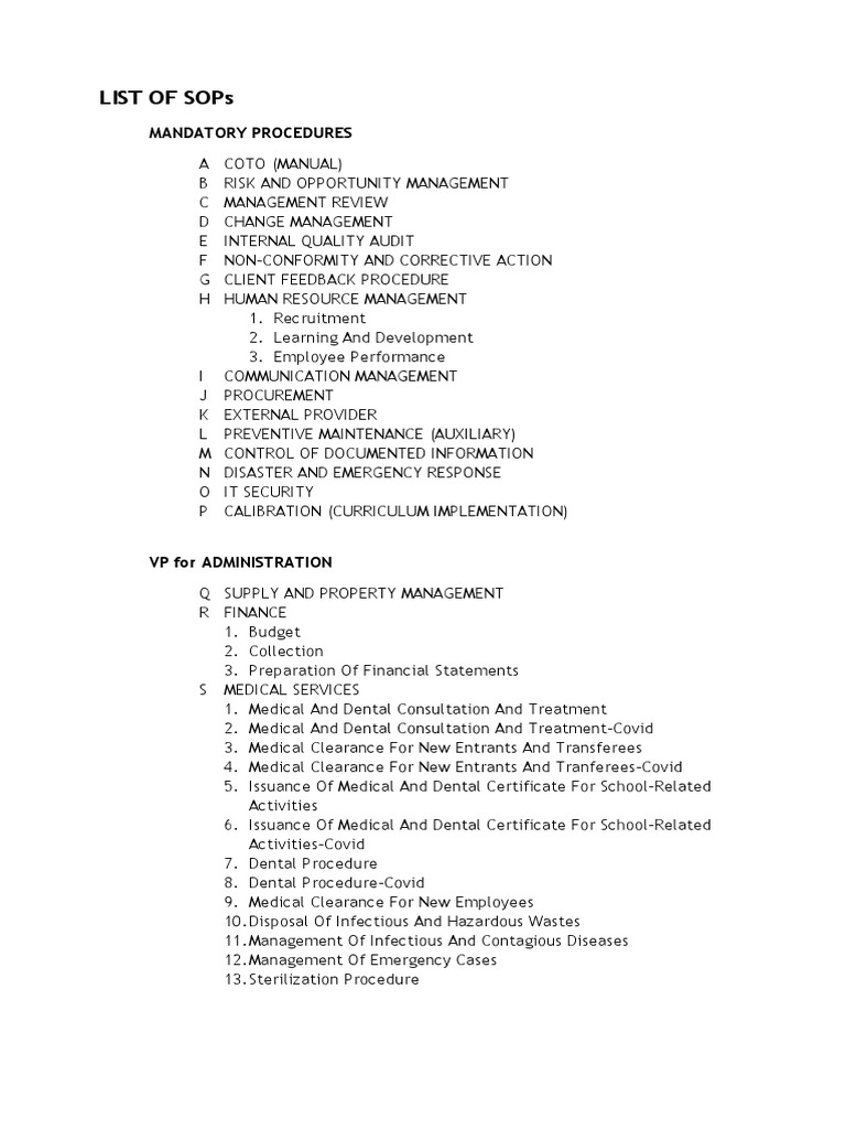 List of Sops: Mandatory Procedures | PDF | Business | Waste