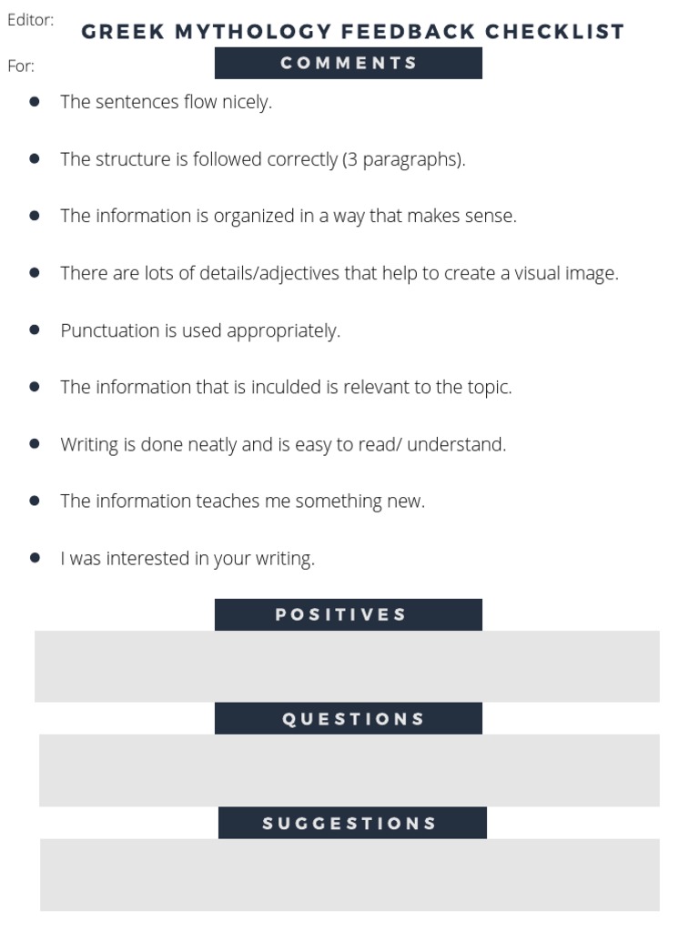 Greek Mythology Feedback Checklist | PDF