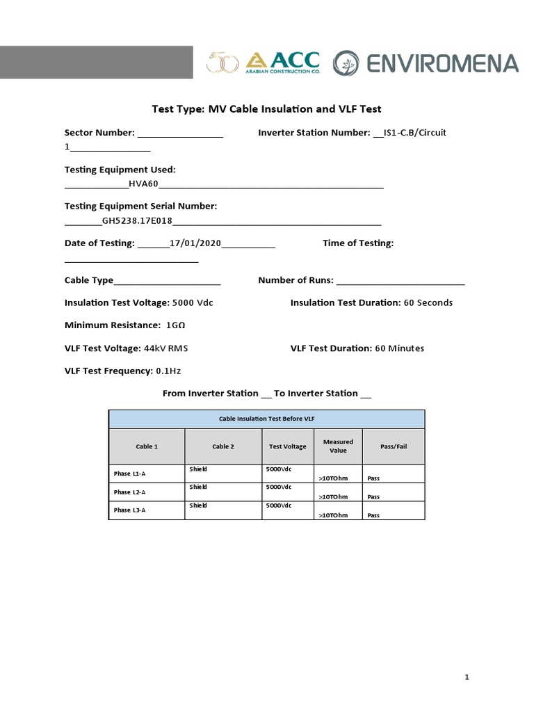 MV Cable Insulation and VLF Test Report-Is1-C.b-circuit 1 | PDF ...