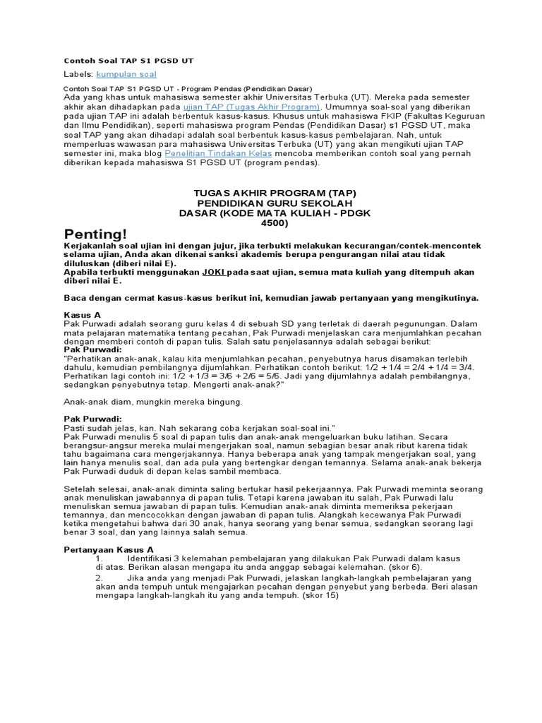 Contoh Soal Tap s1 PGSD Utdocx | PDF | Seni & Disiplin Bahasa ...