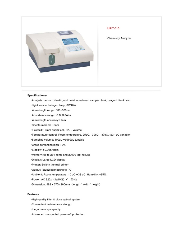 URIT-810 Chemistry Analyzer Specs | PDF | Business